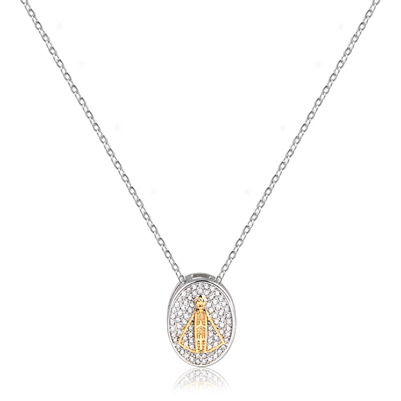 Colar Nossa Senhora cravejado com detalhe dourado e banho de ródio bra